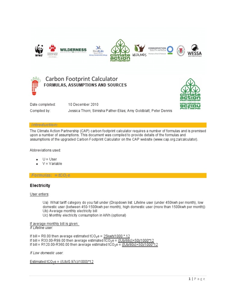 CAP Carbon Footprint Calculator Formula Sheet Final 10 12 2010 | PDF ...