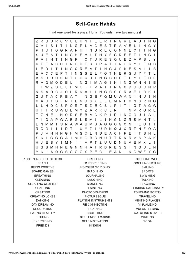 Self-Care Habits Word Search Puzzle | PDF | Word Search