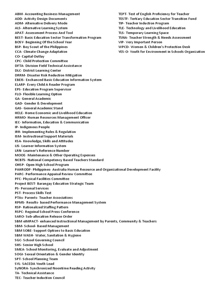 Acronyms and Abbreviations Related to Philippine Education Programs ...