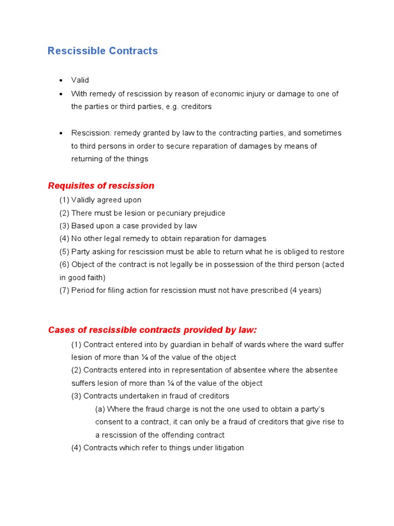 Rescissible Contracts: Requisites of Rescission | PDF | Legal Remedy ...