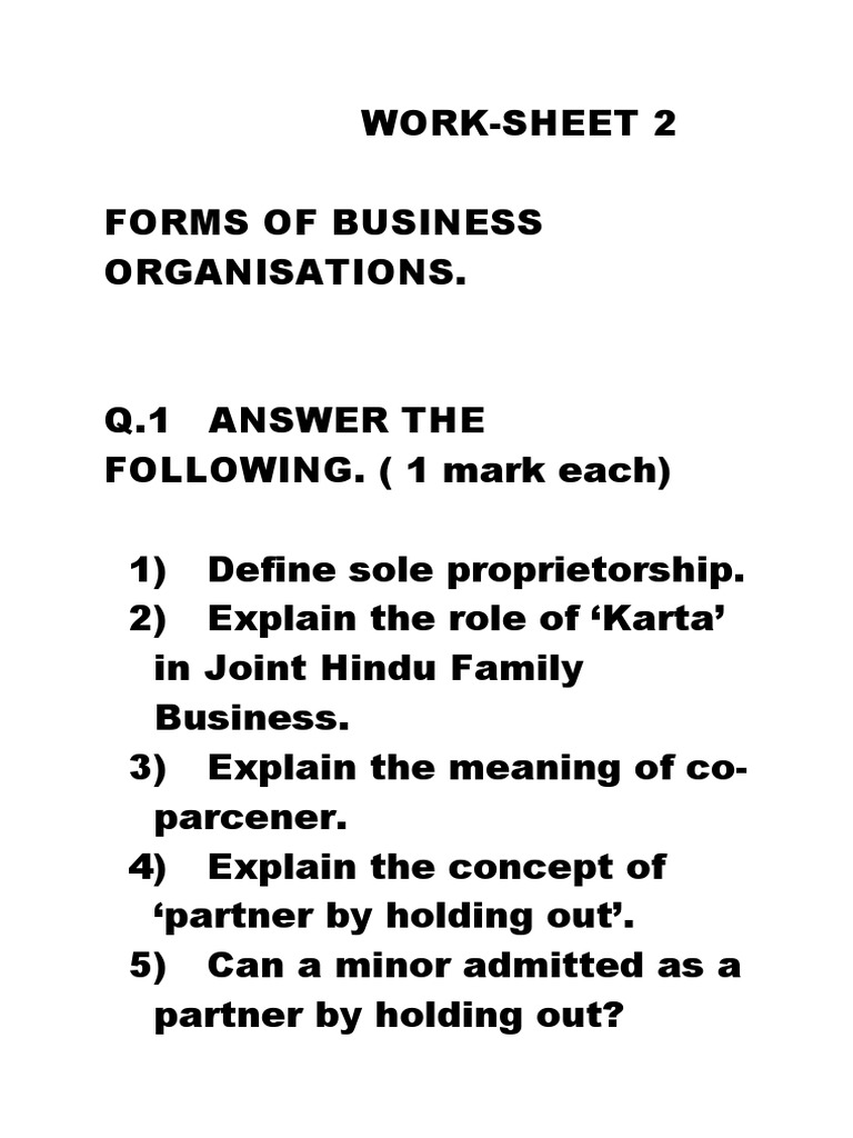 Worksheet-2 'Forms of Business Organisation' | PDF