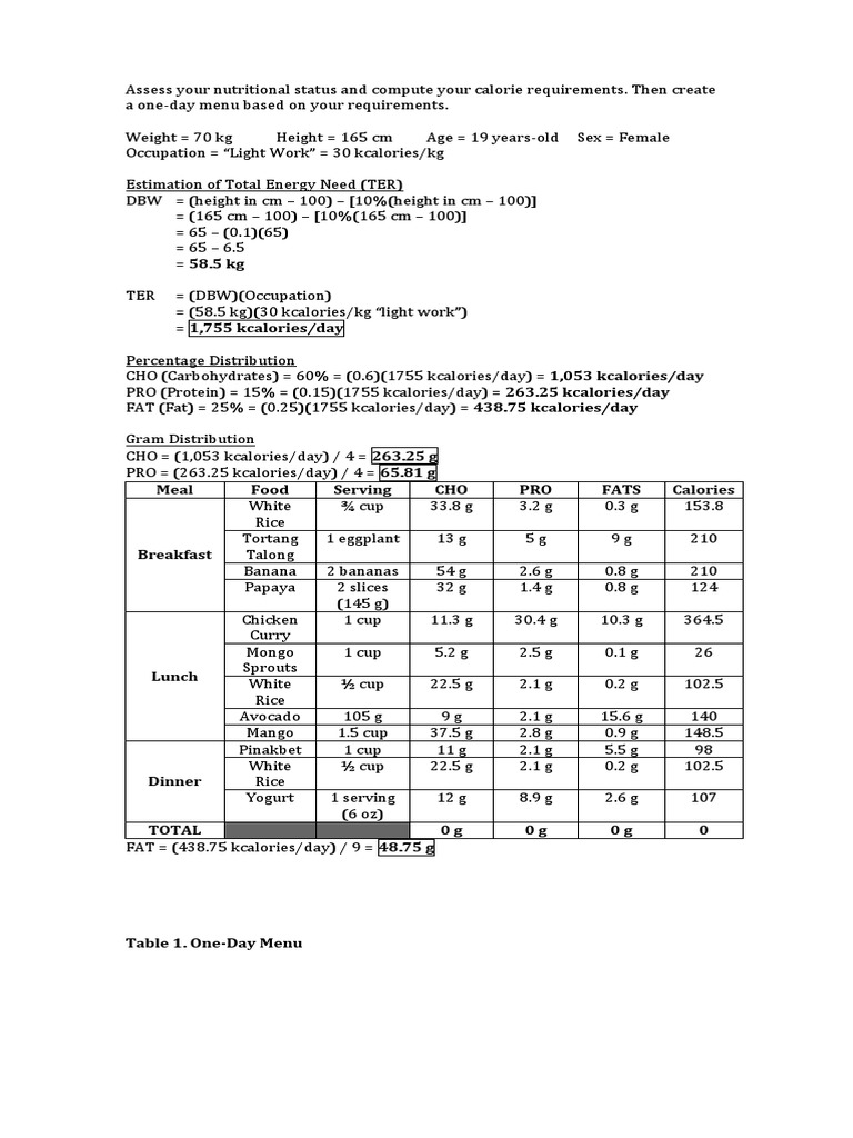 One-Day Nutritional Menu Plan | PDF