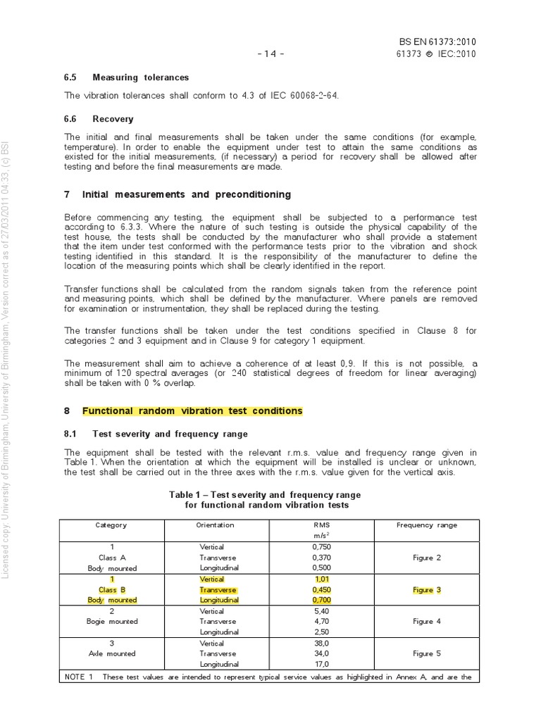 7 Initial Measurements and Preconditioning: BS EN 61373:2010 | PDF ...