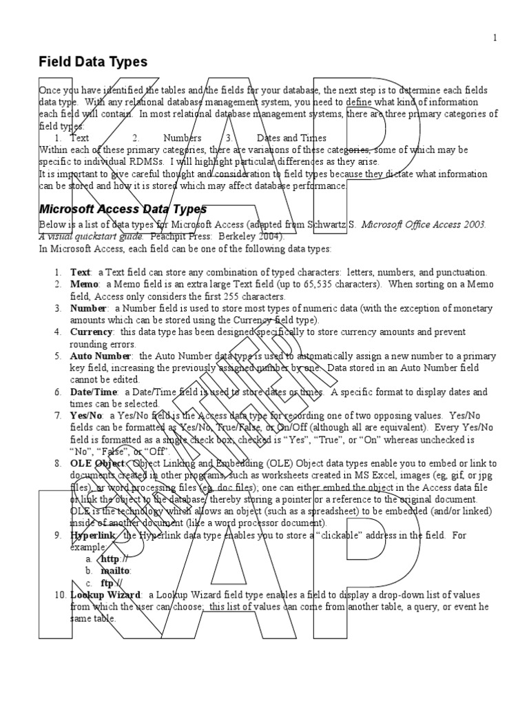 Access Data Types Microsoft Access Data Type 6228