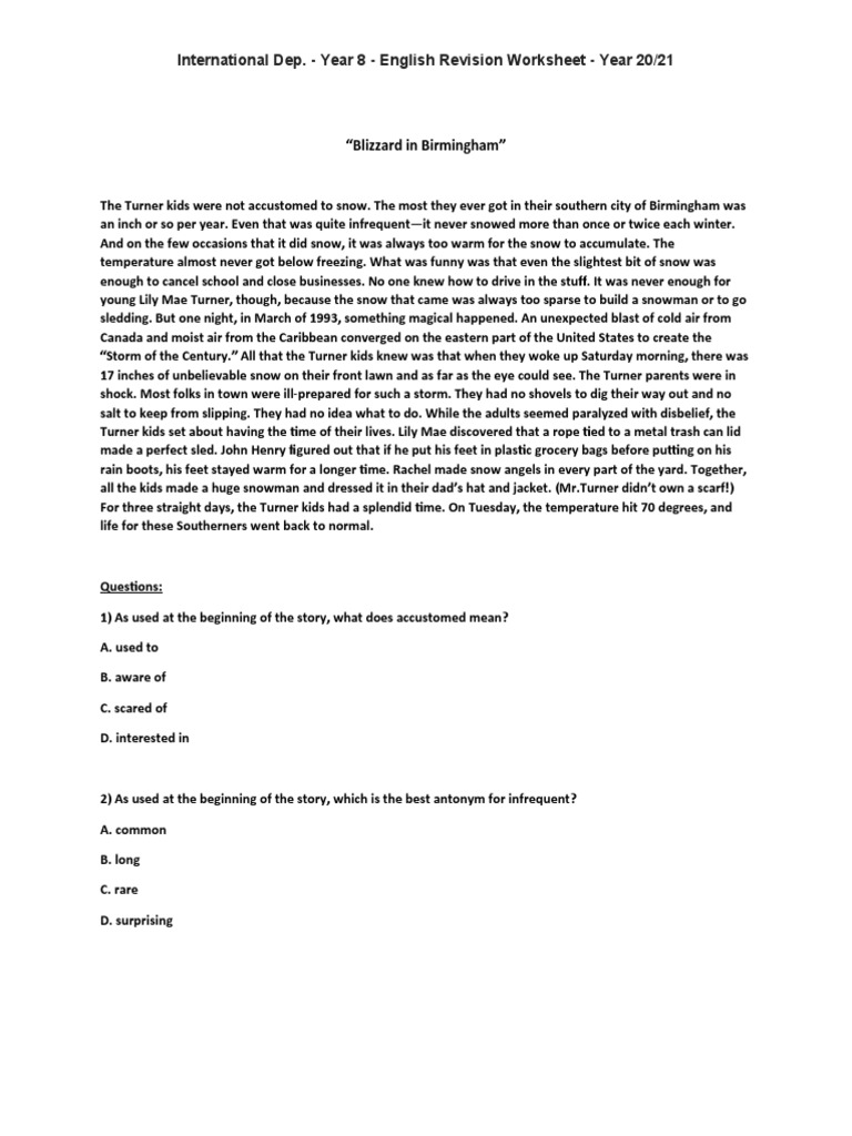 International Dep. - Year 8 - English Revision Worksheet - Year 20/21 ...
