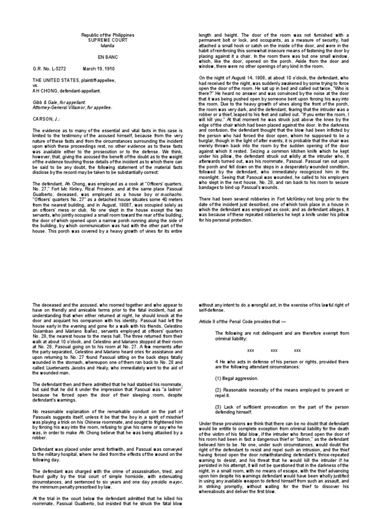 GR No L-5272 (US V Ah Chong) | PDF | Mens Rea | Criminal Law