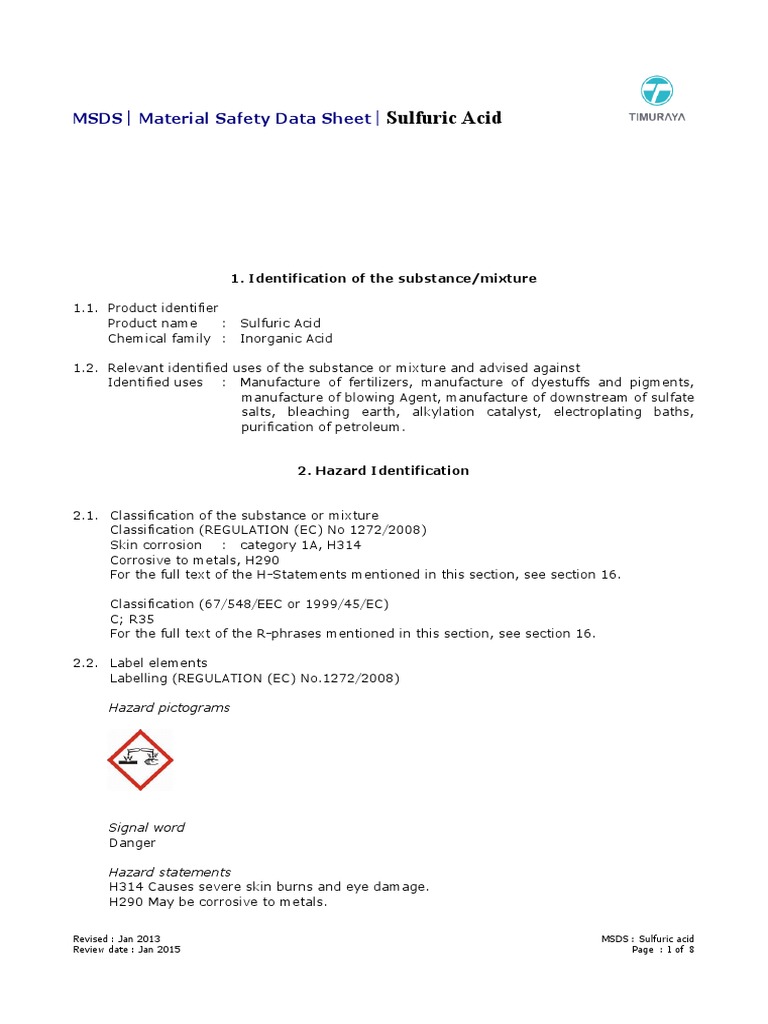 MSDS Sulfuric - Acid | PDF | Toxicity | Personal Protective Equipment