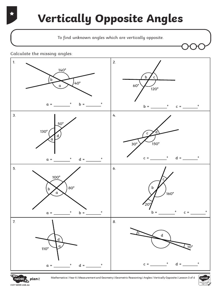 Vertically Opposite Angles Worksheet | PDF | Geometry | Angle