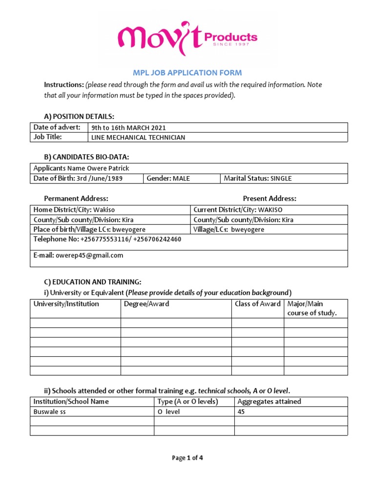 MPL Job Application Form: That All Your Information Must Be Typed in ...