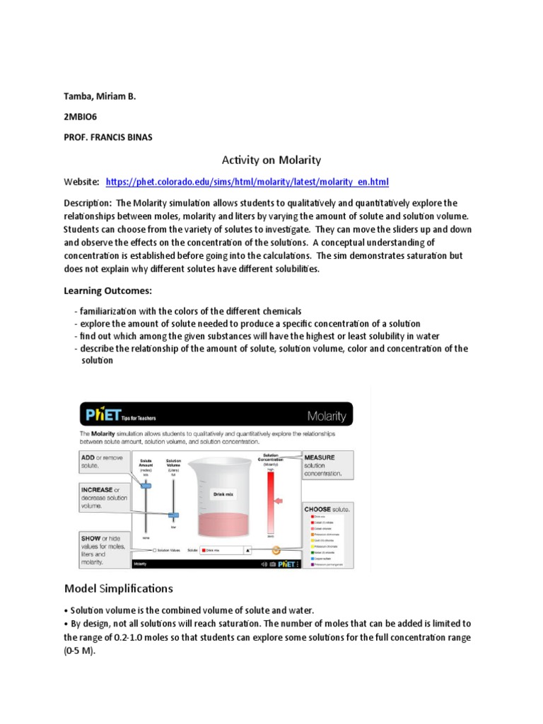 Activity On Molarity | PDF | Solubility | Concentration