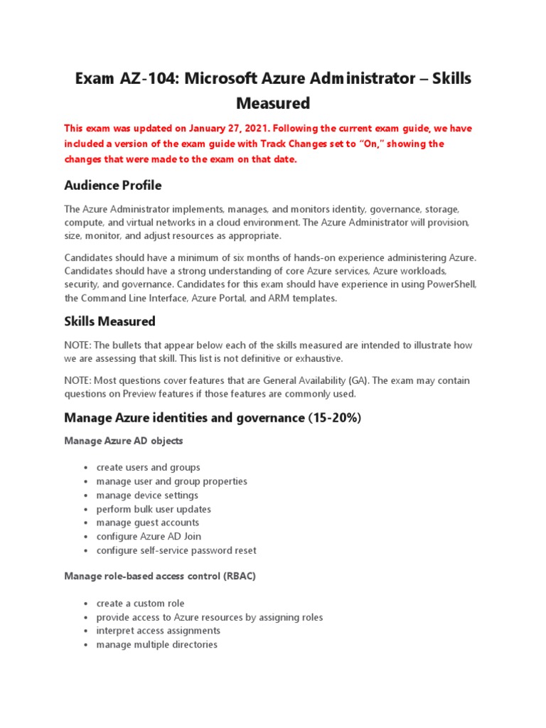 Exam AZ-104: Microsoft Azure Administrator - Skills Measured | PDF ...
