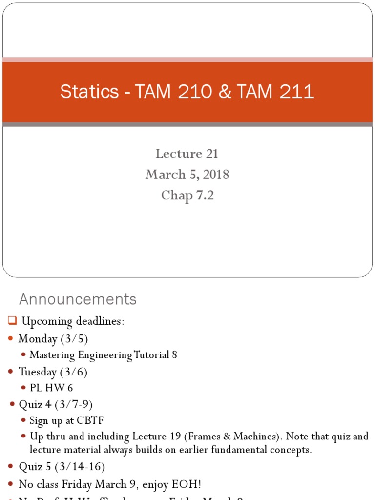 Statics - TAM 210 & TAM 211: March 5, 2018 Chap 7.2 | PDF | Bending ...