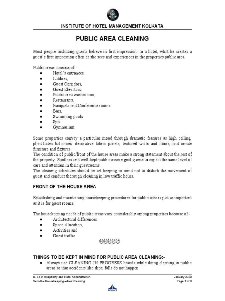 Public Area Cleaning: Institute of Hotel Management Kolkata | PDF ...
