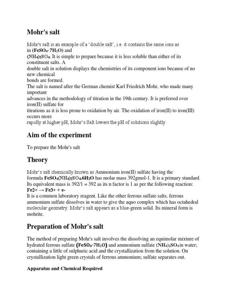 Mohr's Salt Experiment | PDF | Salt (Chemistry) | Chemistry