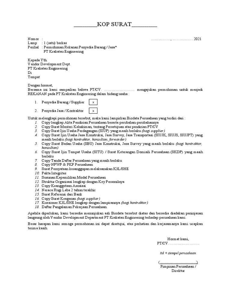 Contoh Surat Permohonan Rekanan 2021 | PDF