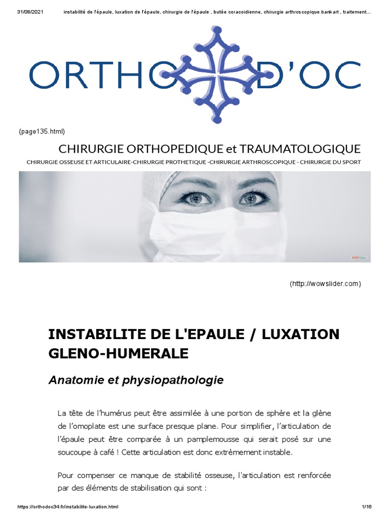 Instabilite de L'Epaule / Luxation Gleno-Humerale: Chirurgie ...