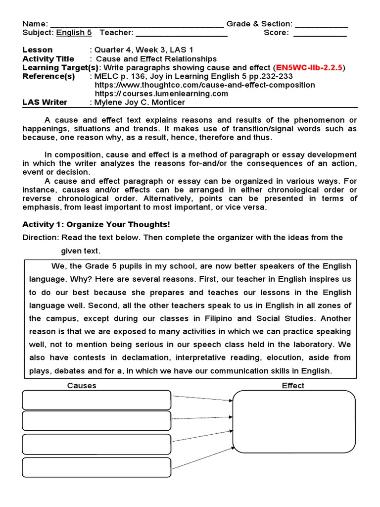 Lesson Activity Title Learning Target(s) : Write Paragraphs Showing Cause and Effect (Reference ...