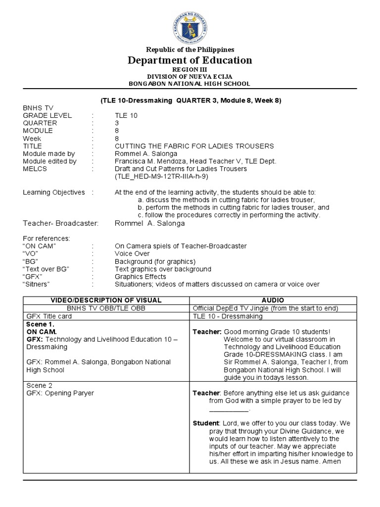 Tle 10 Dressmaking Script For Virtual Classroom-Cutting and ...