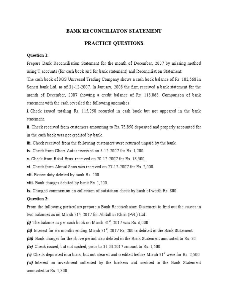 Bank Reconciliaton Statement Practice Questions: ST ST ST | PDF | Banks ...