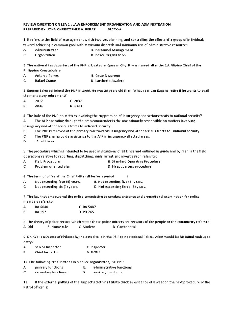 Review Question On Lea 1: Law Enforcement Organization and ...