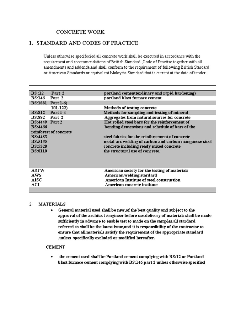 Concrete Work 1. Standard and Codes of Practice | PDF | Concrete ...