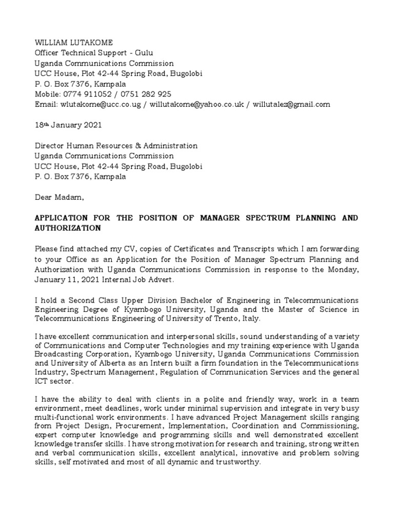 Application For The Position of Manager Spectrum Planning and ...