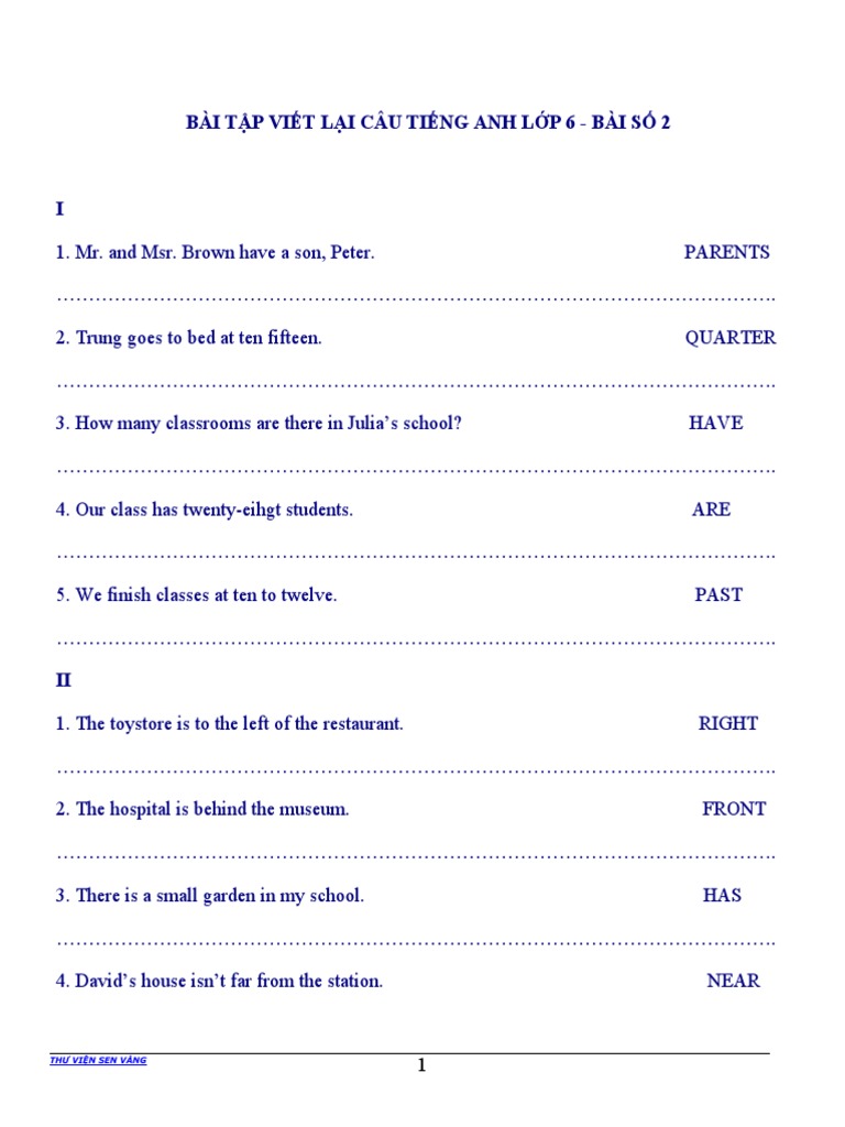 Bai Tap Viet Lai Cau Tieng Anh Lop 6 Bai So 2 | PDF