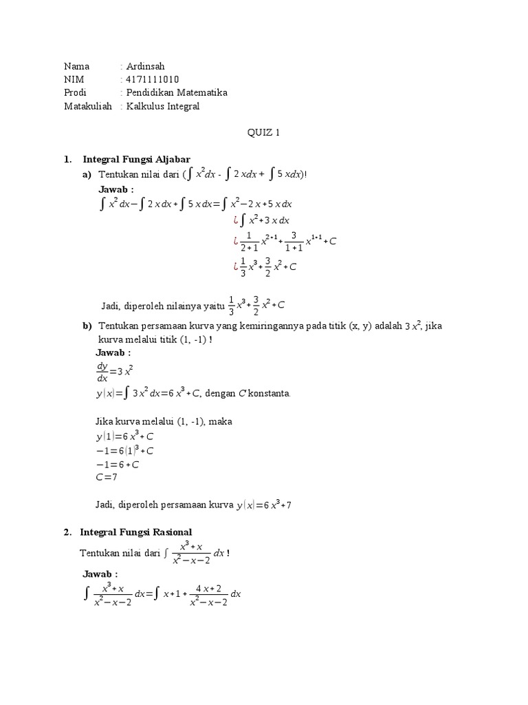 Ardinsah Quiz1 Kalkulus Integral | PDF