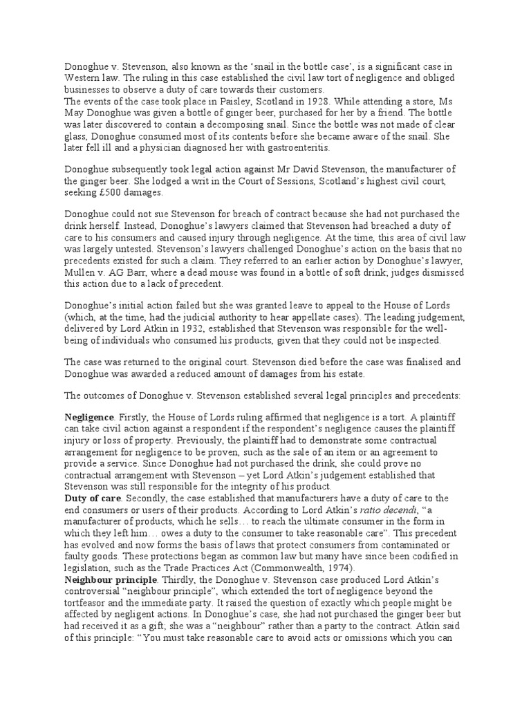 Donoghue V Stevenson - Contract Law 1 | PDF | Negligence | Duty Of Care
