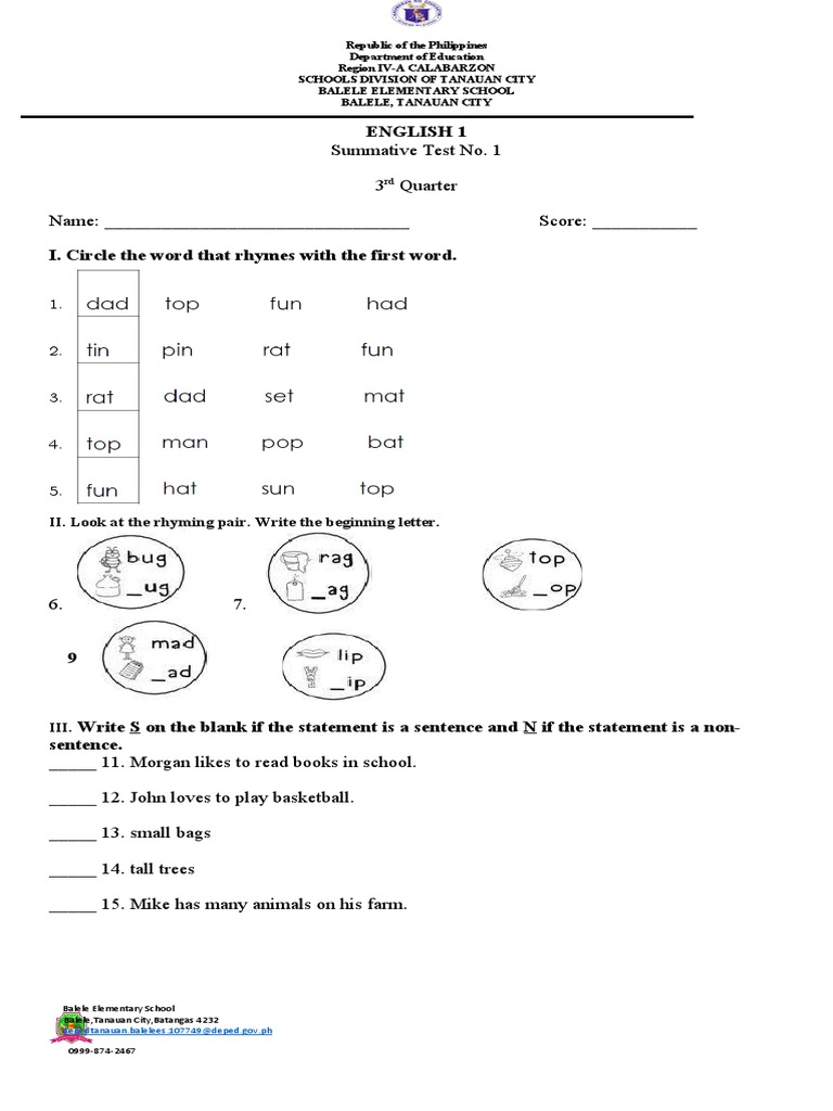 ENGLISH 1 Third Quarter Test | PDF
