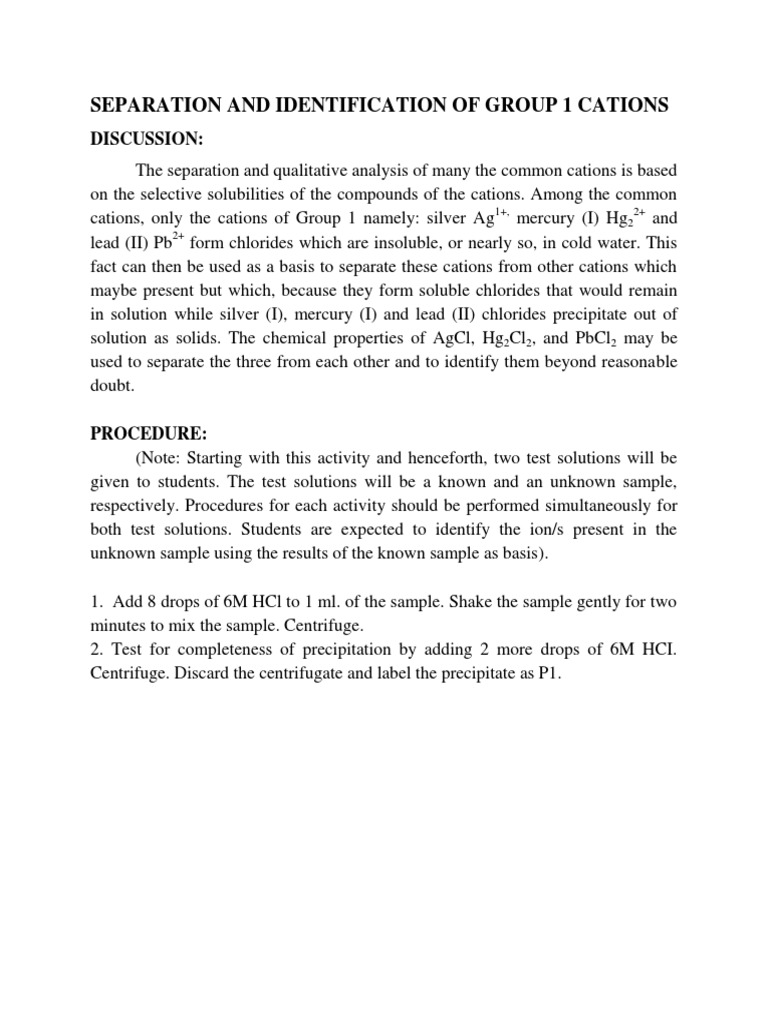 l3 Separation and Identification of Group 1 Cations | PDF | Precipitation (Chemistry) | Chemical ...