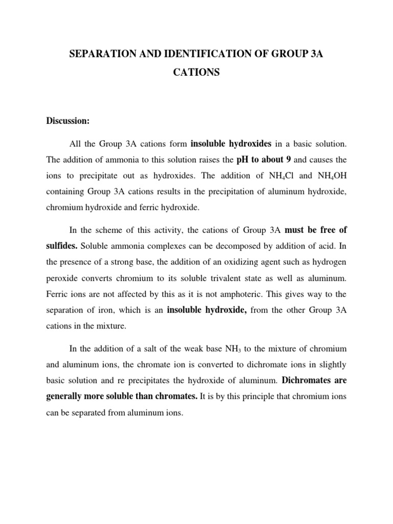Group 3A Cations Separation Method | PDF | Hydroxide | Molecules
