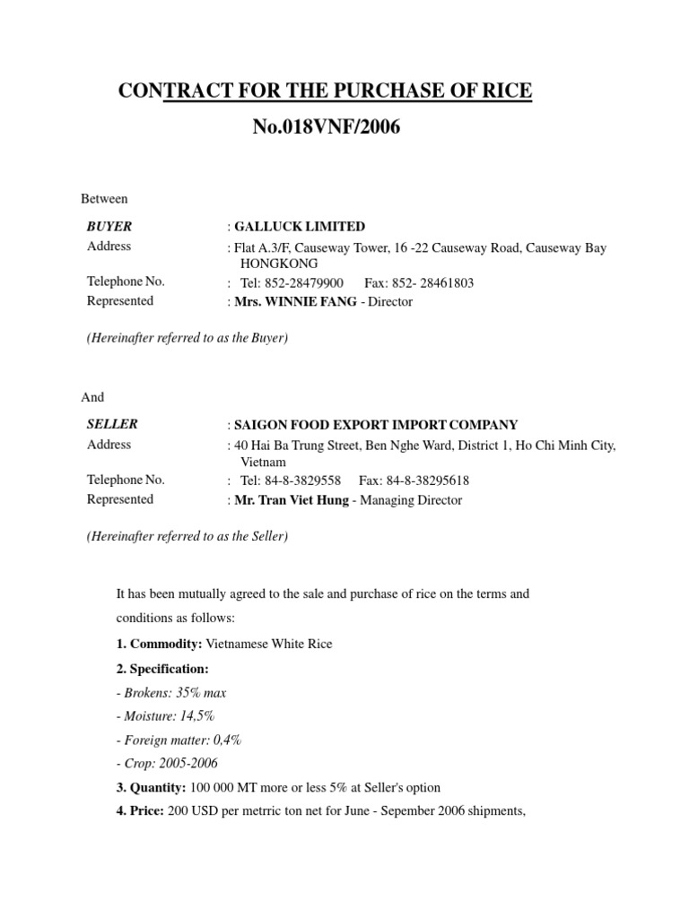 Rice Purchase Agreement 2006 | PDF | Trade