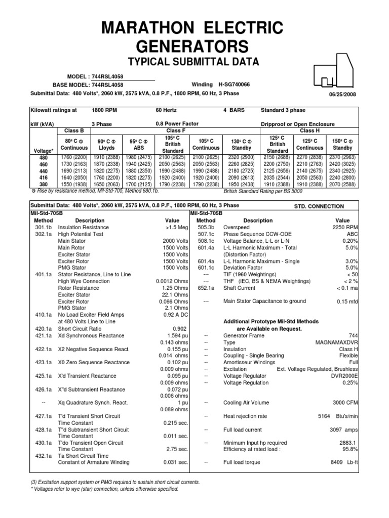 Marathon 2060 kW Generator Specs | PDF | Volt | Electric Generator
