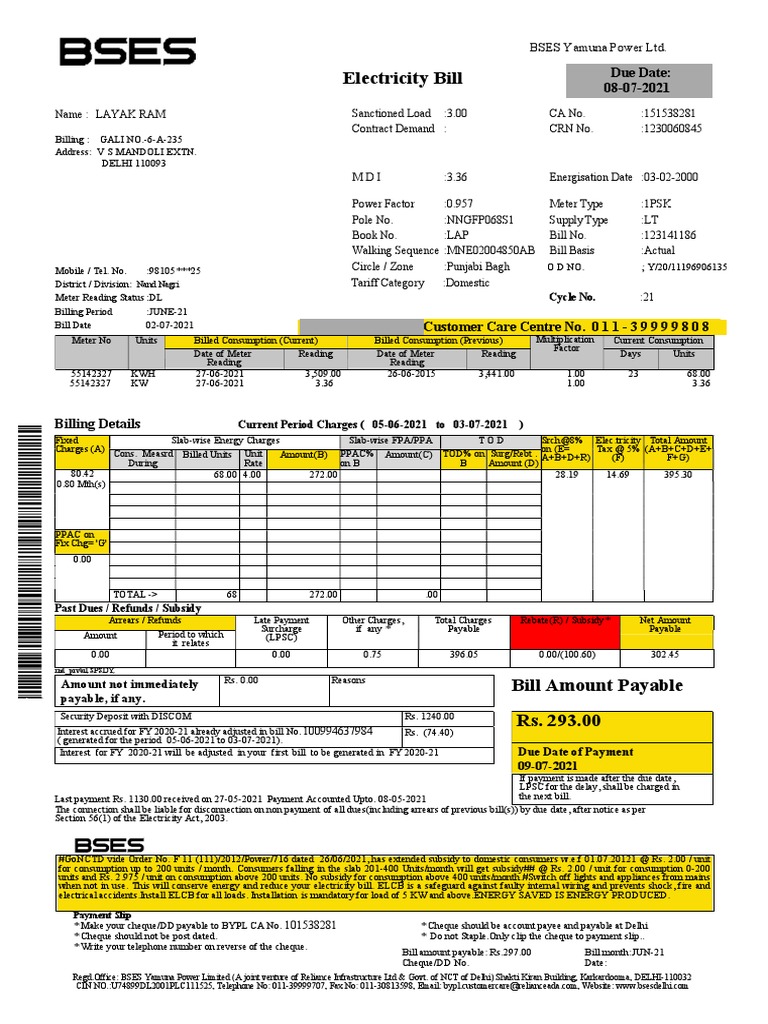 BSES Yamuna Power Ltd. Monthly Electricity Bill for Customer LAYAK RAM ...