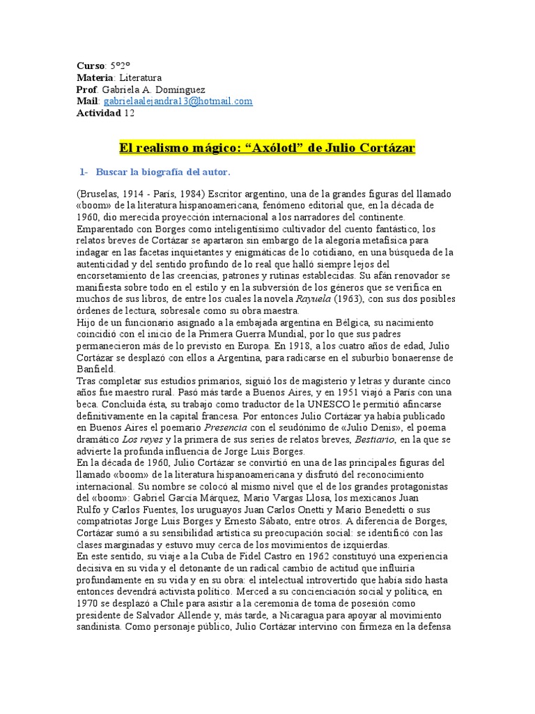El Realismo Mágico Axólotl de Julio Cortázar | PDF | Literatura ...