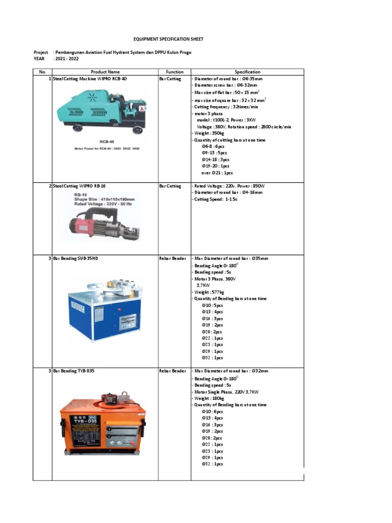 Equipment Spesification Sheet Rev2 | Download Free PDF | Manufactured Goods | Mechanical Engineering
