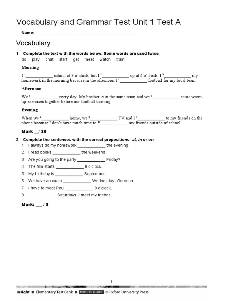 Vocabulary Grammar Unit 1 Test A | PDF | Workweek And Weekend ...