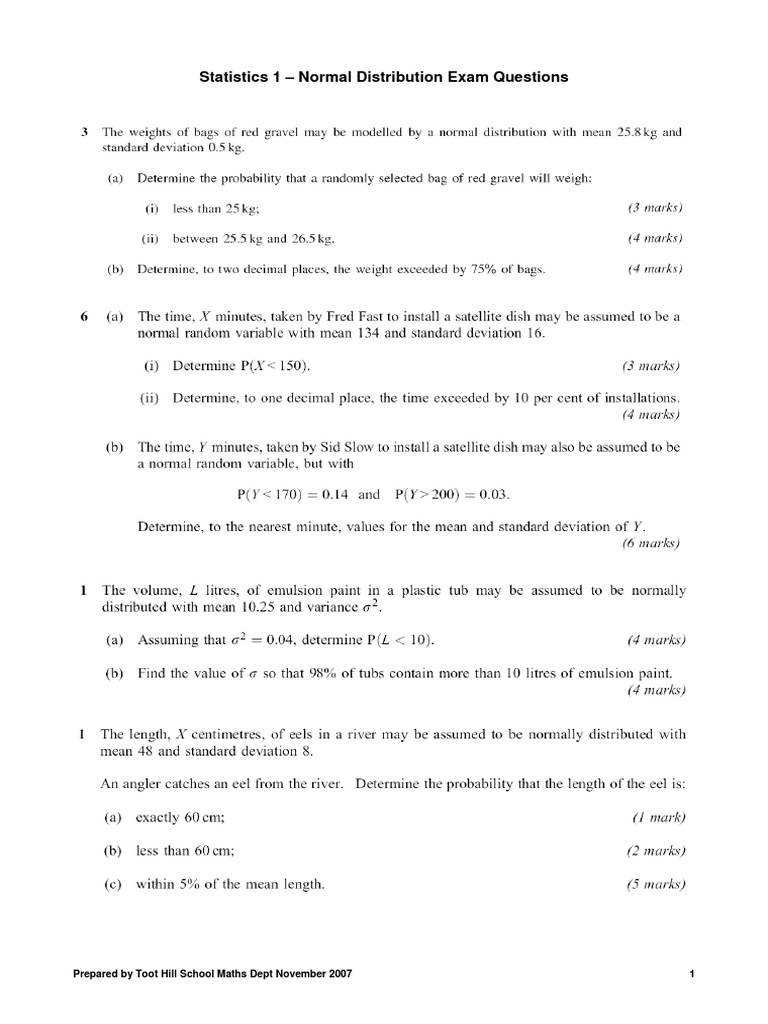 Statistics 1 - Normal Distribution Exam Questions: Prepared by Toot ...
