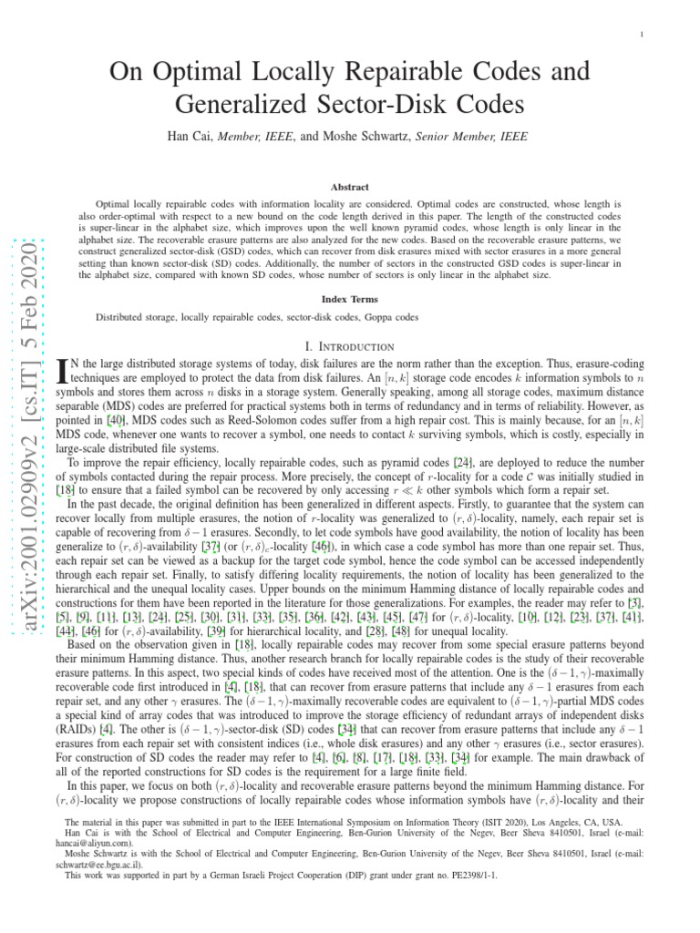 On Optimal Locally Repairable Codes and Generalized Sector-Disk Codes | PDF | Mathematics ...