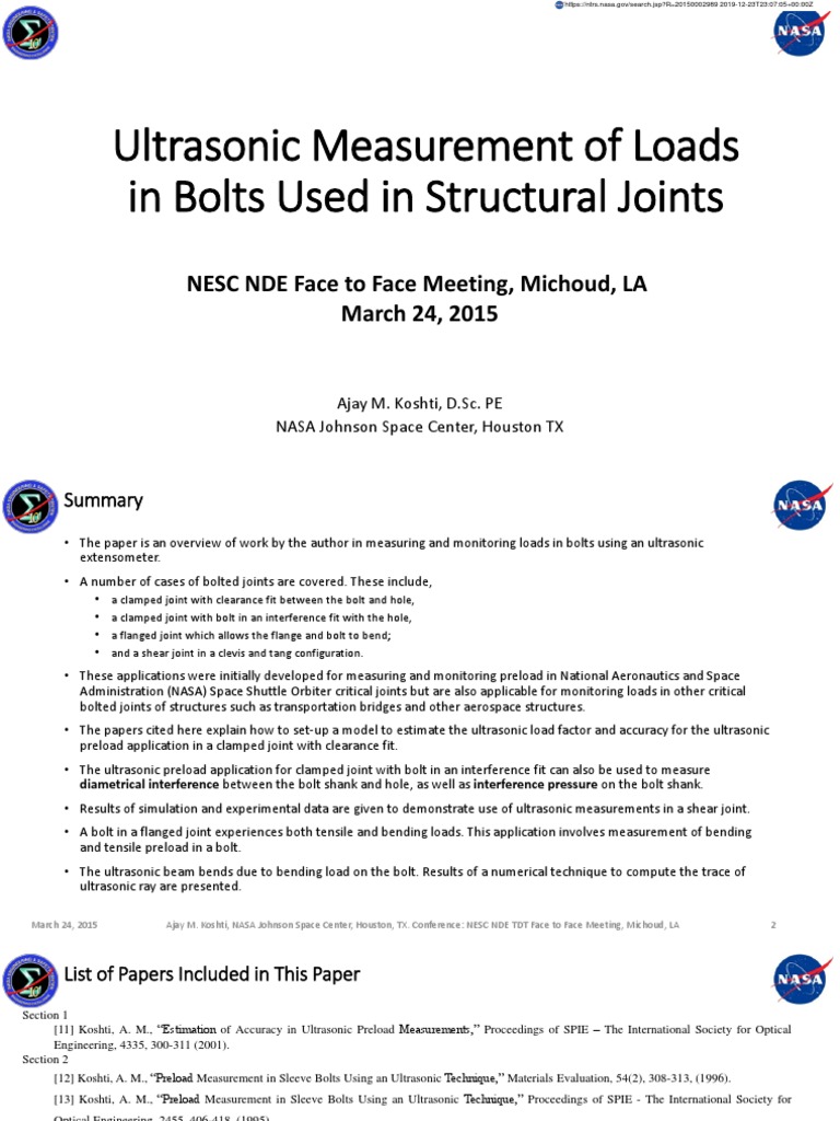 Ultrasonic Measurement of Loads in Bolts Used in Structural Joints ...