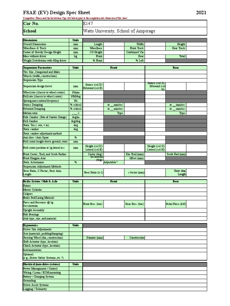 FSAE EV Design Spec Sheet 2021 | PDF | Axle | Vehicles