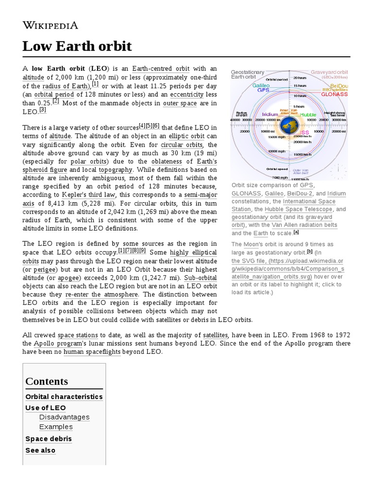 Low Earth Orbit: Orbital Characteristics Use of LEO | PDF | Outer Space ...