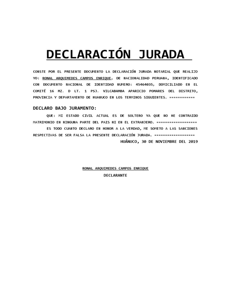 Declaracion Jurada De Estado Civil Pdf