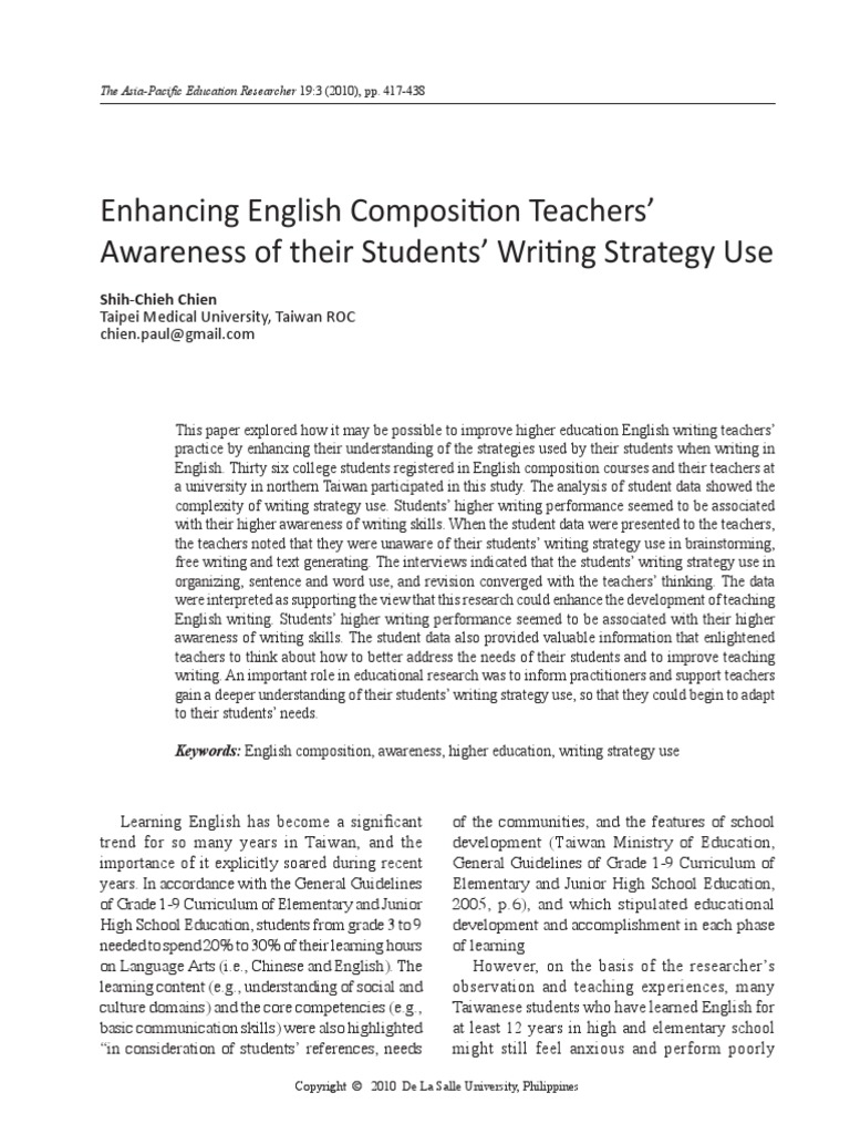 Enhancing English Composition Teachers' Awareness of Their Students ...