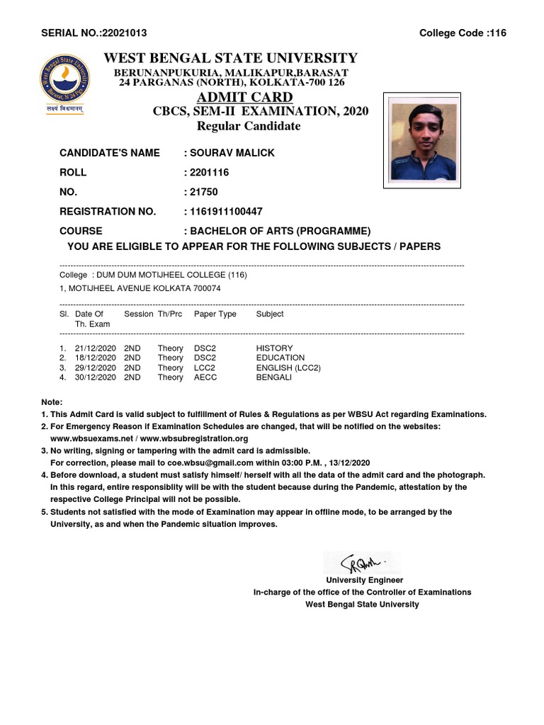 Admit Card for Sourv Malick's Second Semester Examinations at Dum Dum Motijheel College | PDF ...