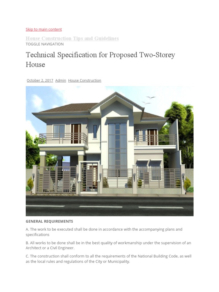 Technical Specification For Proposed Two-Storey House: House ...
