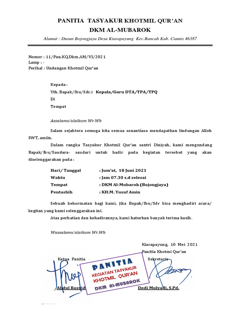 SURAT UNDANGAN KHOTMIL QUR'AN Dta | PDF