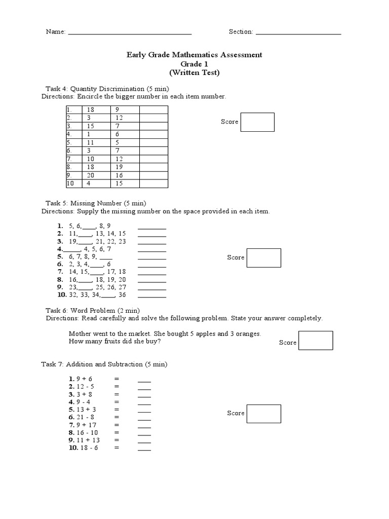 Early Grade Mathematics Assessment Grade 1 (Written Test) | PDF ...