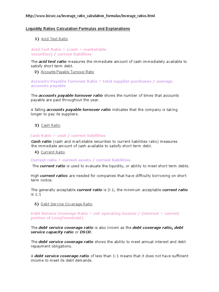 Liquidity Ratios Calculation Formulas and Explanations: Acid Test Ratio ...